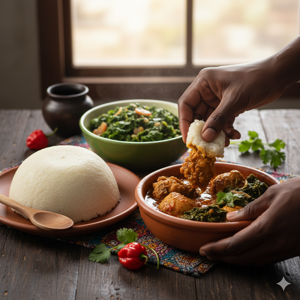 Pap (nshima) with Village Chicken and Pumpkin Leaves - African Vibes